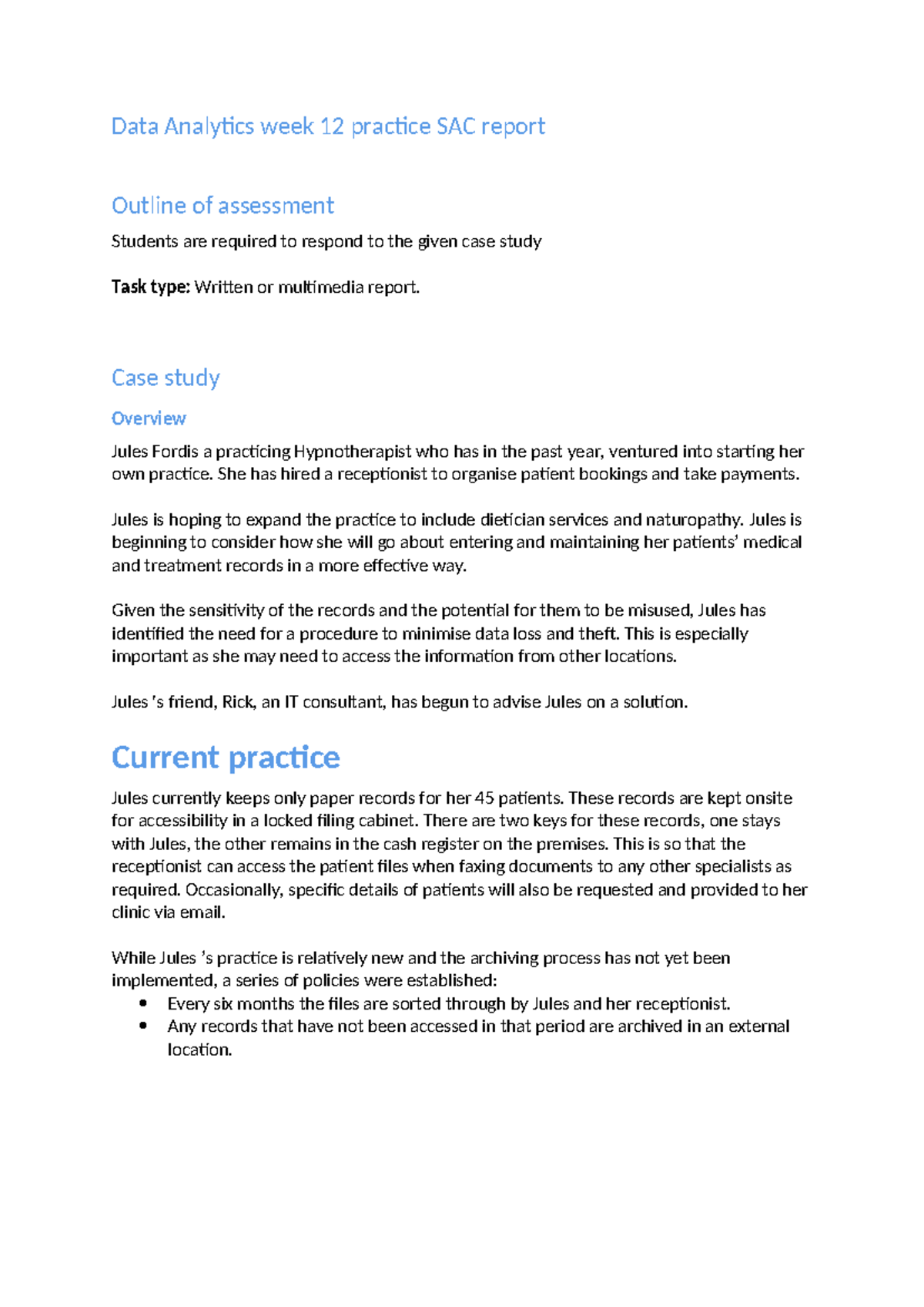 Practice SAC Qns - SAC - Data Analytics week 12 practice SAC report Outline of assessment ...