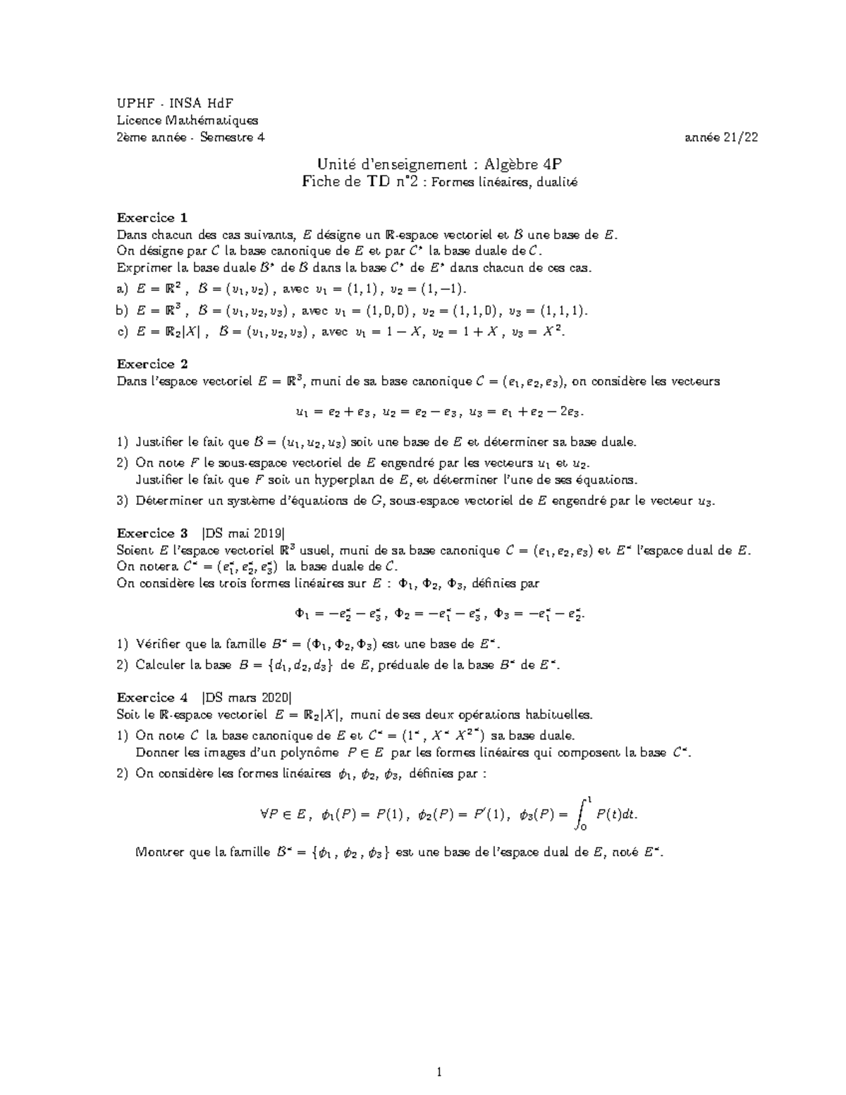 Fiche TD2 Dualité - UPHF - INSA HdF Licence Math ́ematiques 2`eme ann ...