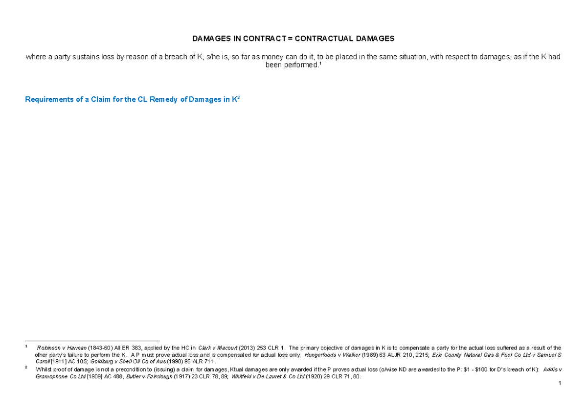 Wk 2 Tutorial Notes & Flowcharts (Damages) - DAMAGES IN CONTRACT ...