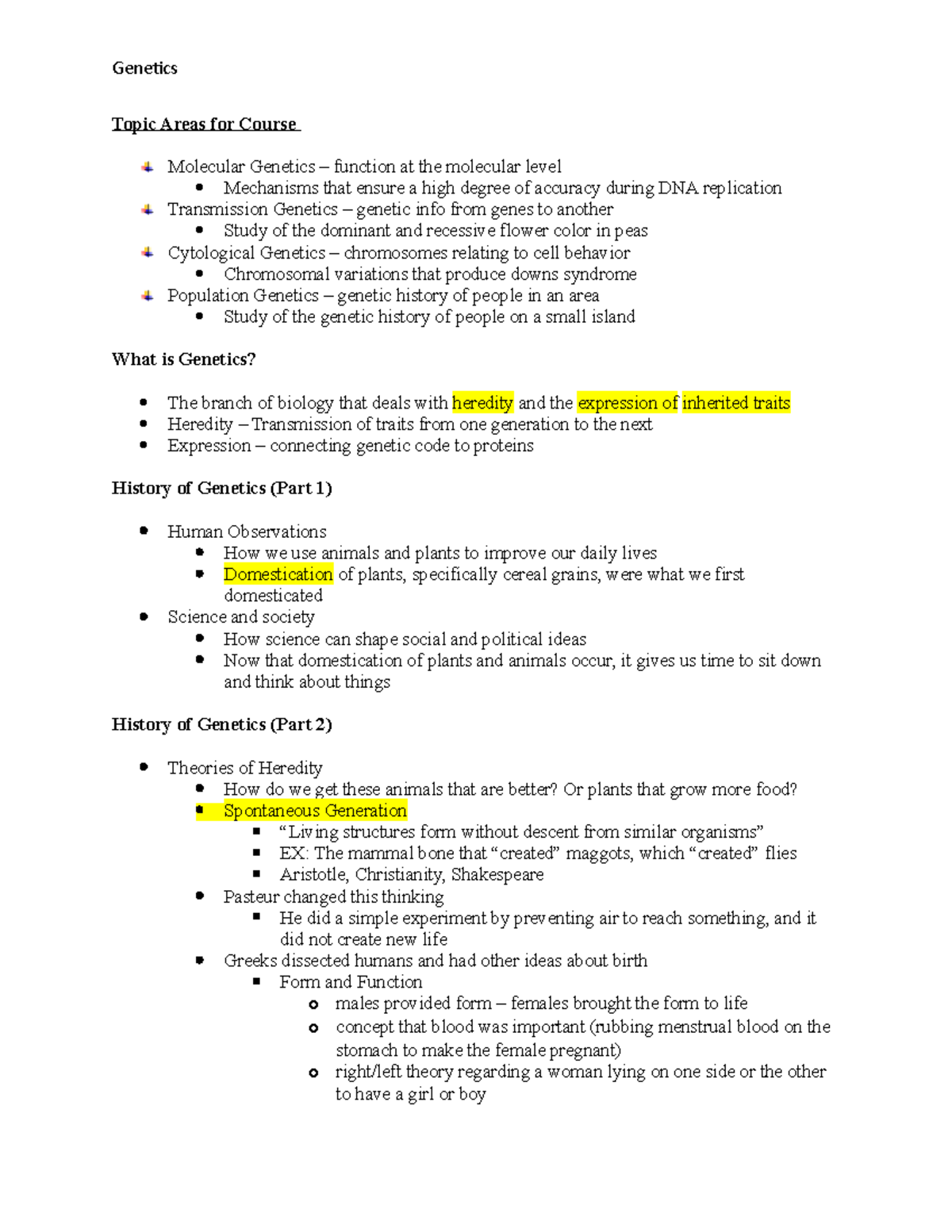 Genetics Exam 1 - Quick Reference - Topic Areas for Course Molecular ...