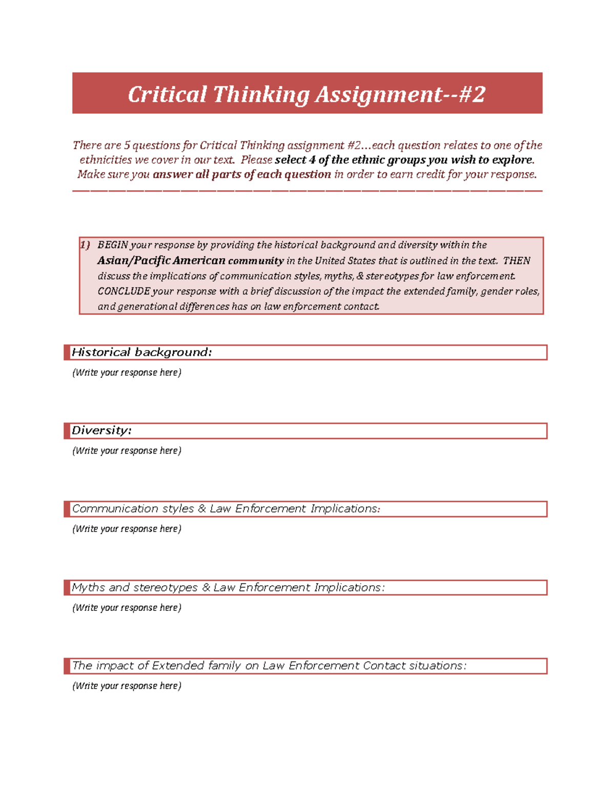 Critical Thinking Assignment #2 - .. each question relates to one of ...