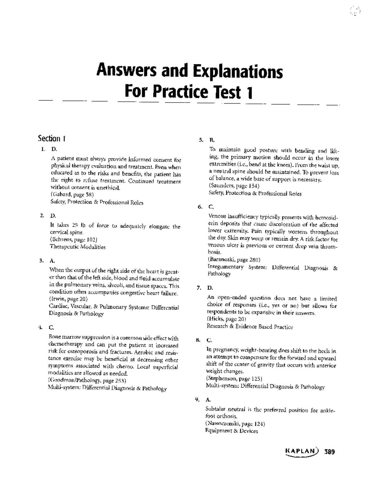 Kaplan 1 Answer Key - physio - Physiotherapy - Studocu