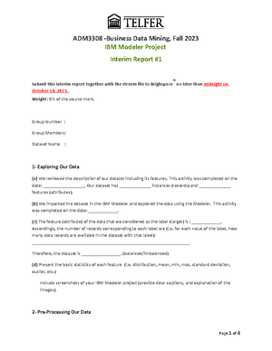 ADM3308 OUTLINE-FALL-2023 - Business Data Mining ADM Fall 2023 (September 6 – December 6 ...