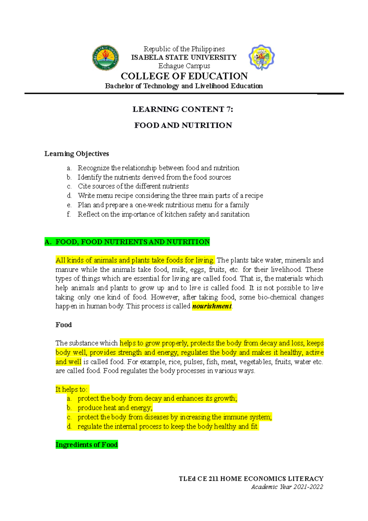 LM#7 211 HOME Economics Literacy - Republic of the Philippines ISABELA STATE UNIVERSITY Echague ...