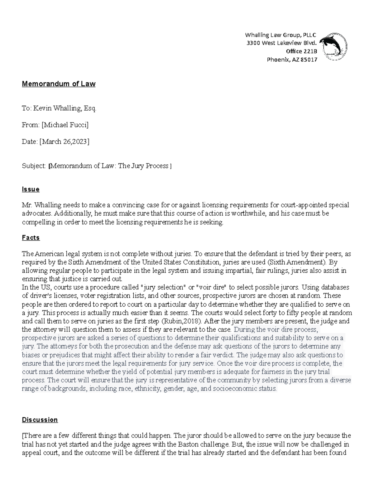 JUS325 T3 Memorandum of Law - Whalling Law Group, PLLC 3300 West ...