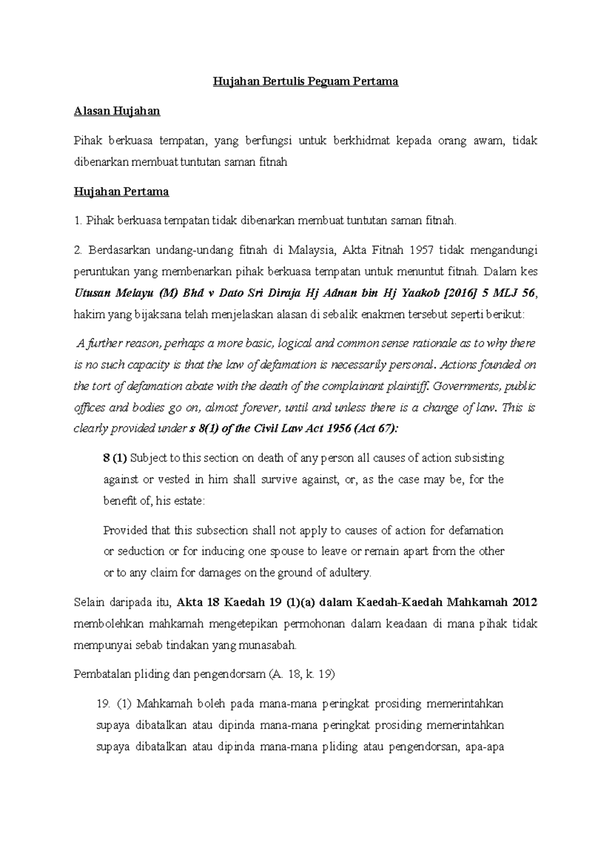 Hujahan Bertulis Peguam Pertama - Hujahan Bertulis Peguam Pertama ...