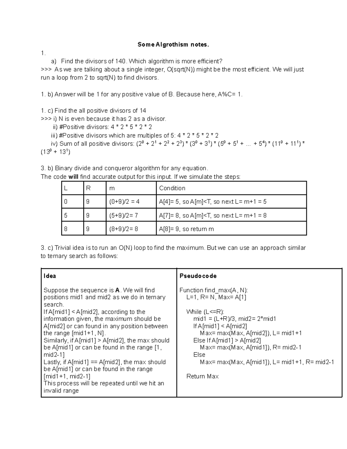 Some Algorithm Notes - Some Algrothism notes. a) Find the divisors of ...