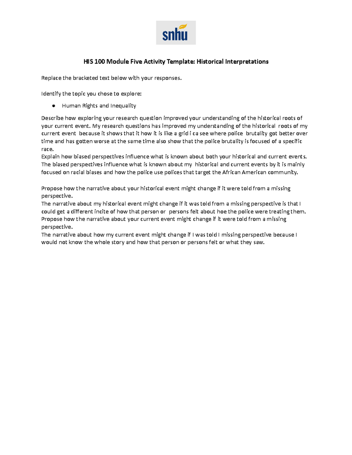 HIS 100 Module Five Activity Template - Identify the topic you chose to explore: Human Rights ...