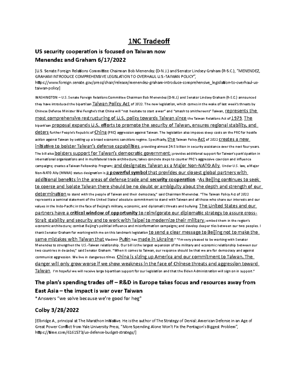 DA - DOD Tradeoff - Mean Green 2022 - 1NC Tradeof US security ...