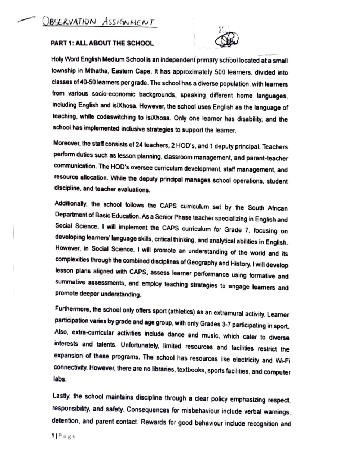 Teaching Practice - Observation Assignment - OBSERVATION AsSIGNMENT ...