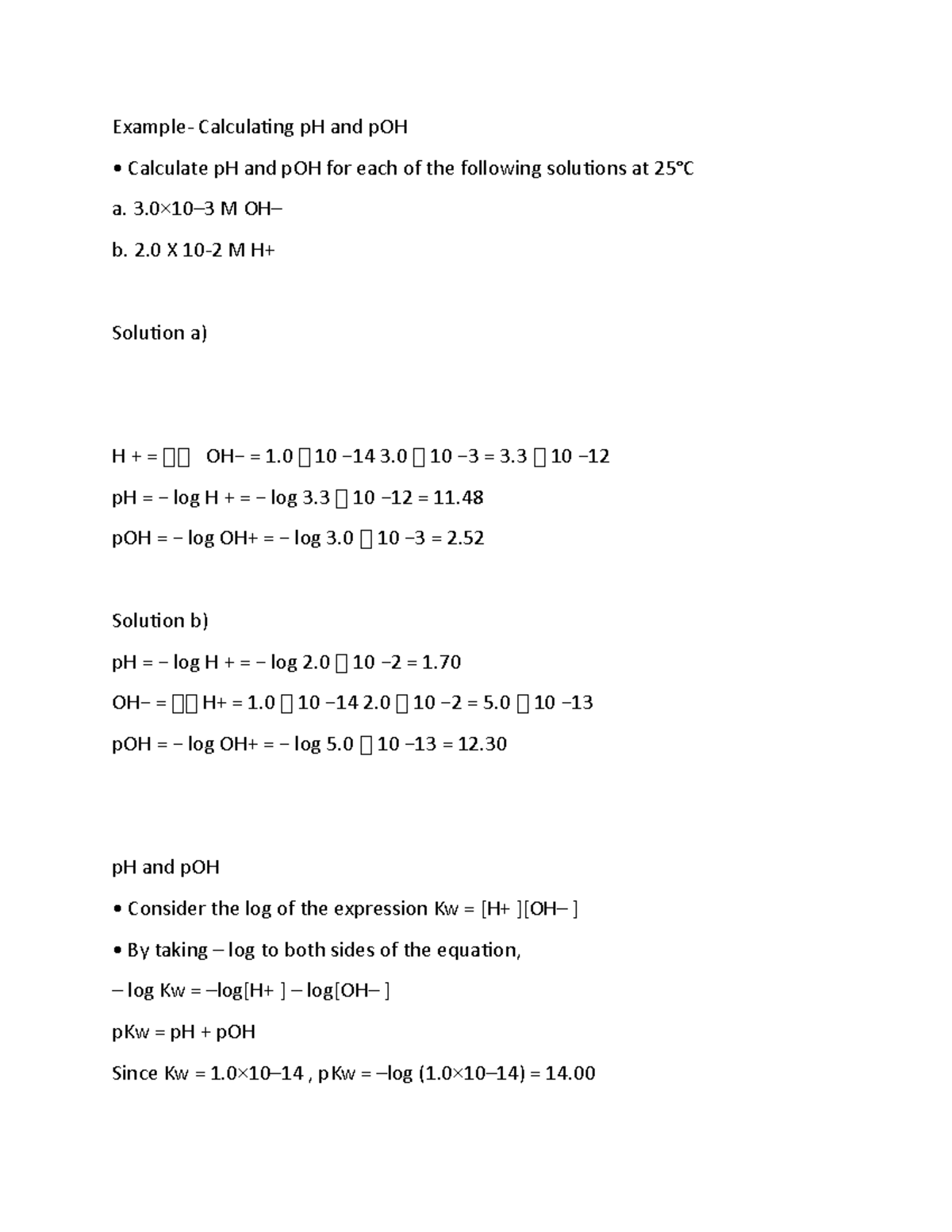 86 - p H p OH - Summary pH and pOH - Example- Calculating pH and pOH ...