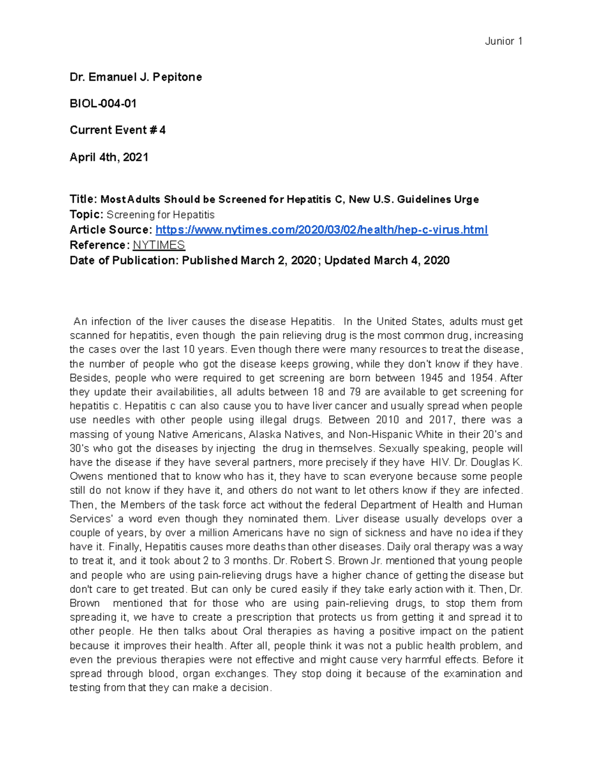 Junior Lapin- Current Event Assigment 4 - Junior 1 Dr. Emanuel J ...