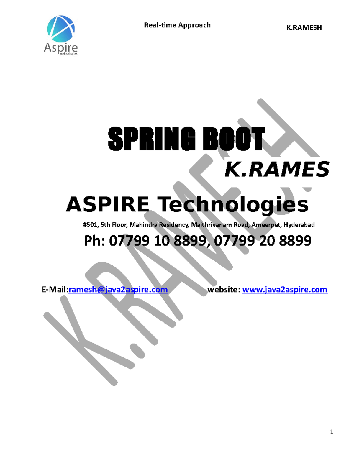 Pdfcoffee - Spring Boot - SPRING BOOT ASPIRE Technologies #501, 5th Floor, Mahindra Residency ...