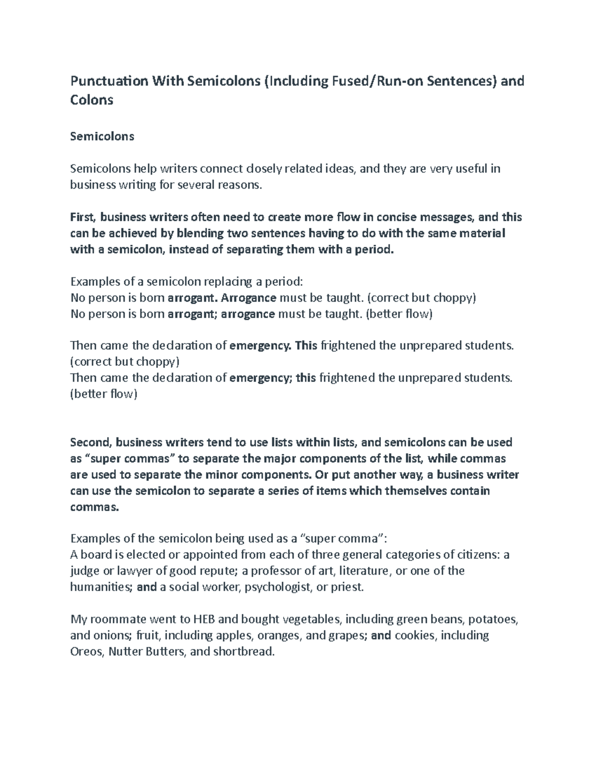 Punctuation With Semicolons Notes - Punctuation With Semicolons ...