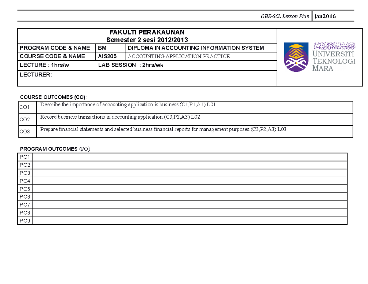 AIS205- Lesson PLAN - DON'T TAKE WITHOUT PERMISSION - OBE-SCL Lesson Plan Jan FAKULTI PERAKAUNAN ...