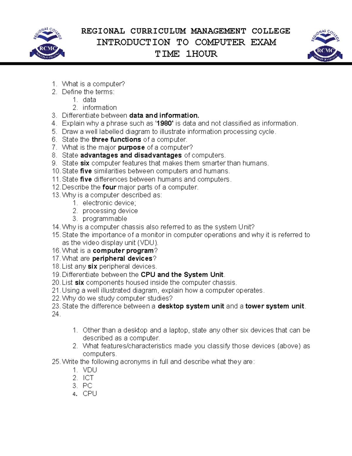 Intoduction TO Computer - INTRODUCTION TO COMPUTER EXAM TIME 1HOUR 1 ...