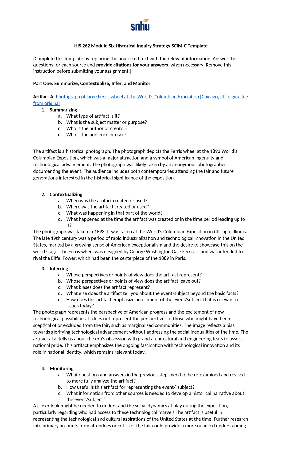 HIS 262 Module Six Historical Inquiry Strategy SCIM-C Template - Answer ...