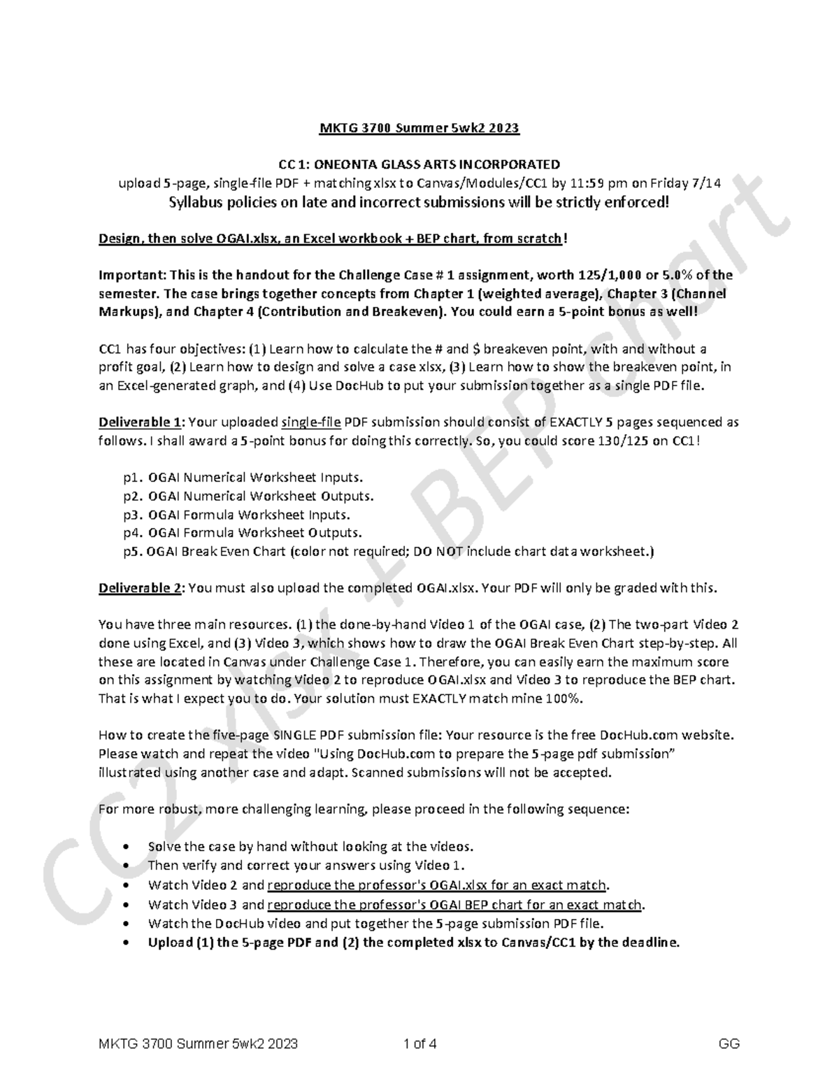 Challenge Case 1 Instructions (CC1) - CC2 xlsx + BEP chart MKTG 3700 ...