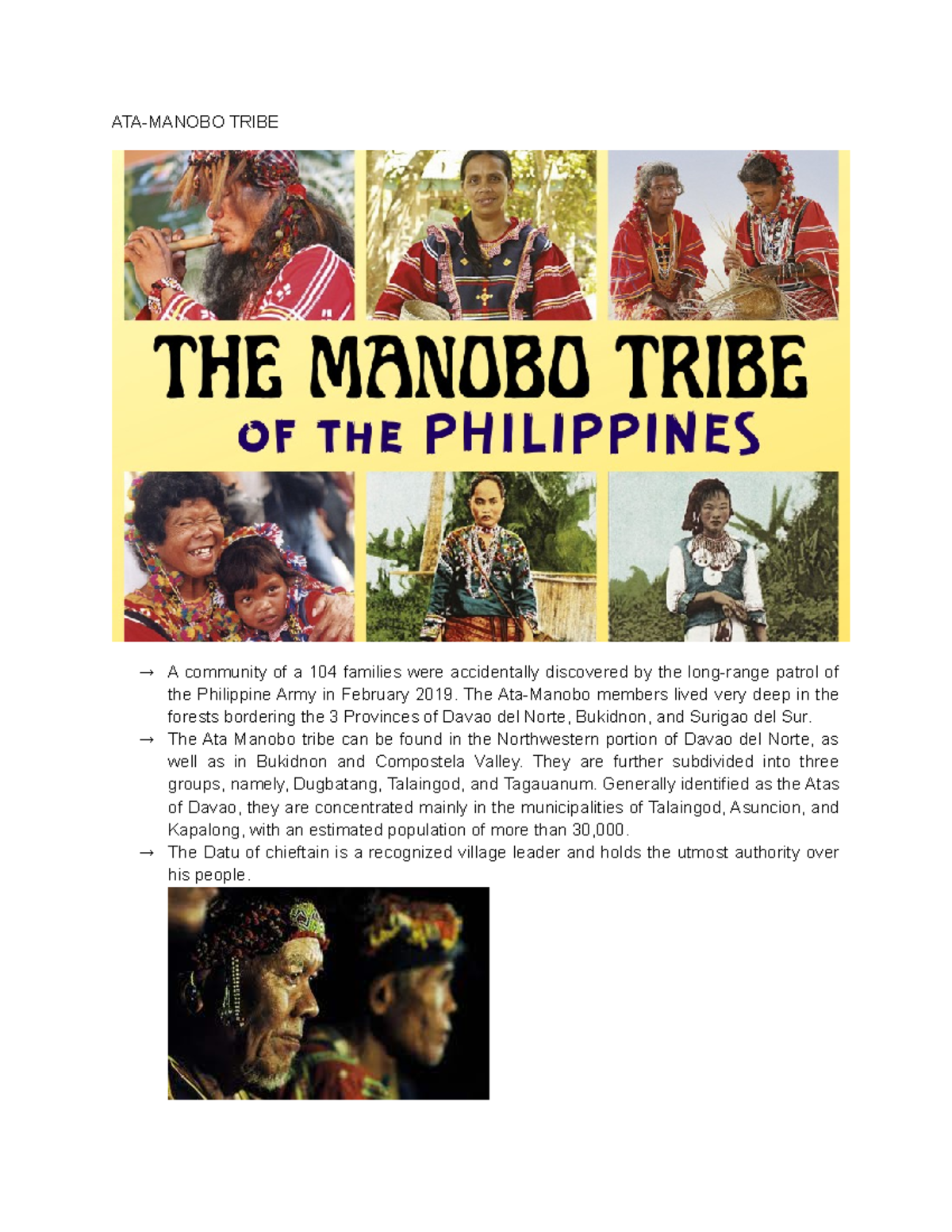 Ata, Bukidnon, and Escaya - ATA-MANOBO TRIBE A community of a 104 ...