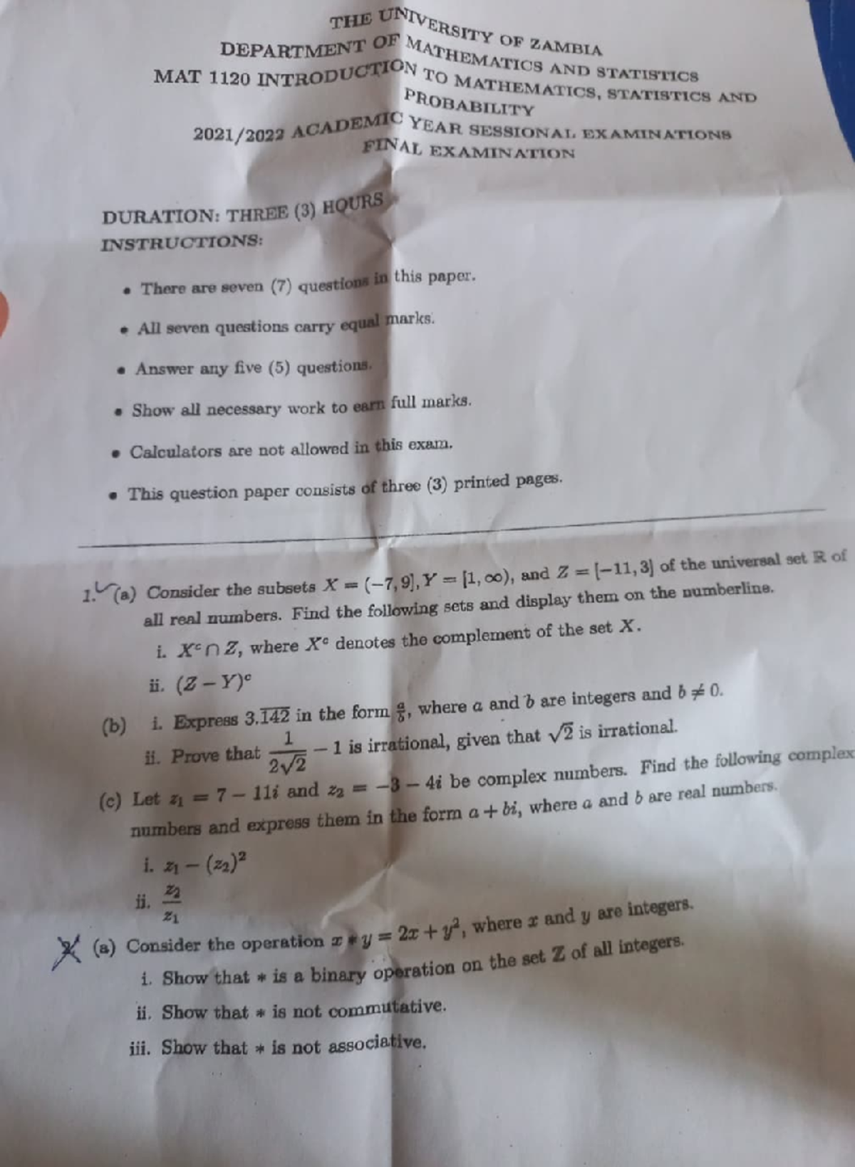 Math 1120 exam 2022 - Notes - THE UN eRSITY OF ZAMBIA IATHEN DEPARTMENT ...