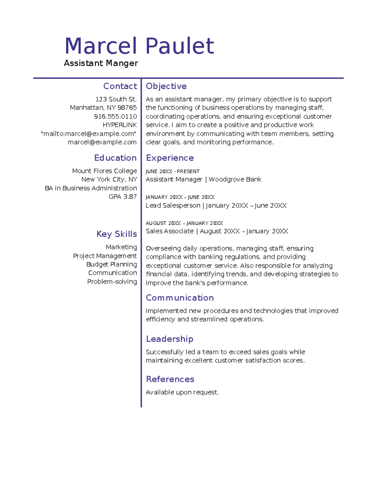 Basic management resume - Marcel Paulet Assistant Manger Contact 123 ...