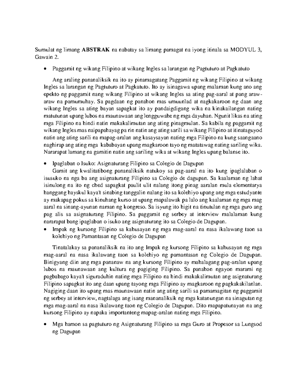 Abstrak - Filipino sa Iba't ibang Displina Activity - Sumulat ng limang ...