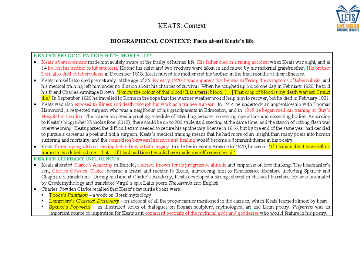 Keats-context-table - Contextual Information for the Romantic Poet John ...