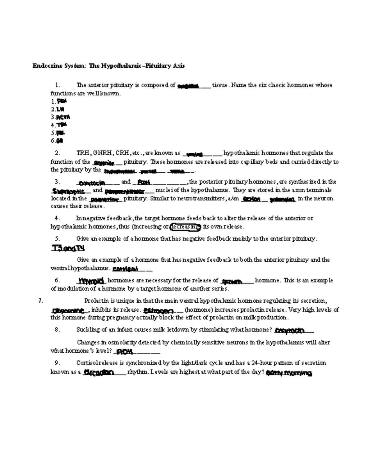 Endocrine IP Hypothalamic-Pituitary+Axis Worksheet - Endocrine System ...