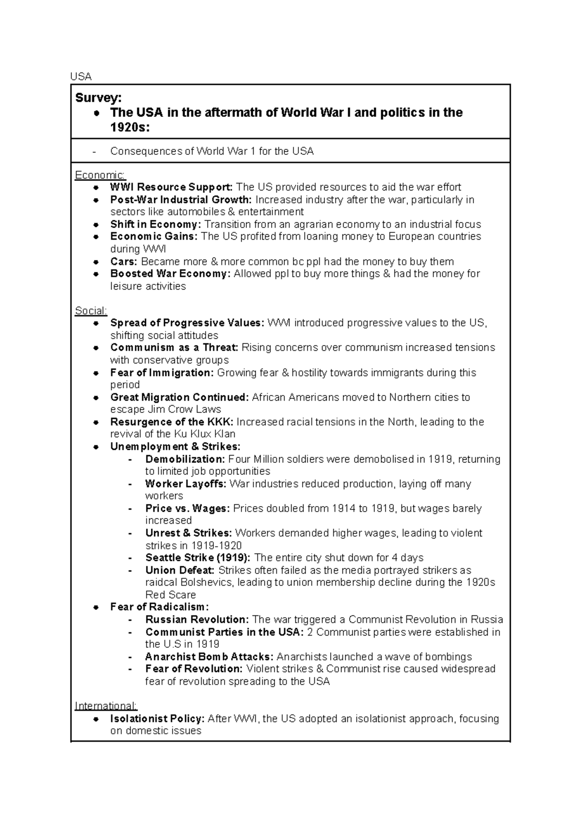 USA Notes - USA Survey: The USA in the aftermath of World War I and ...