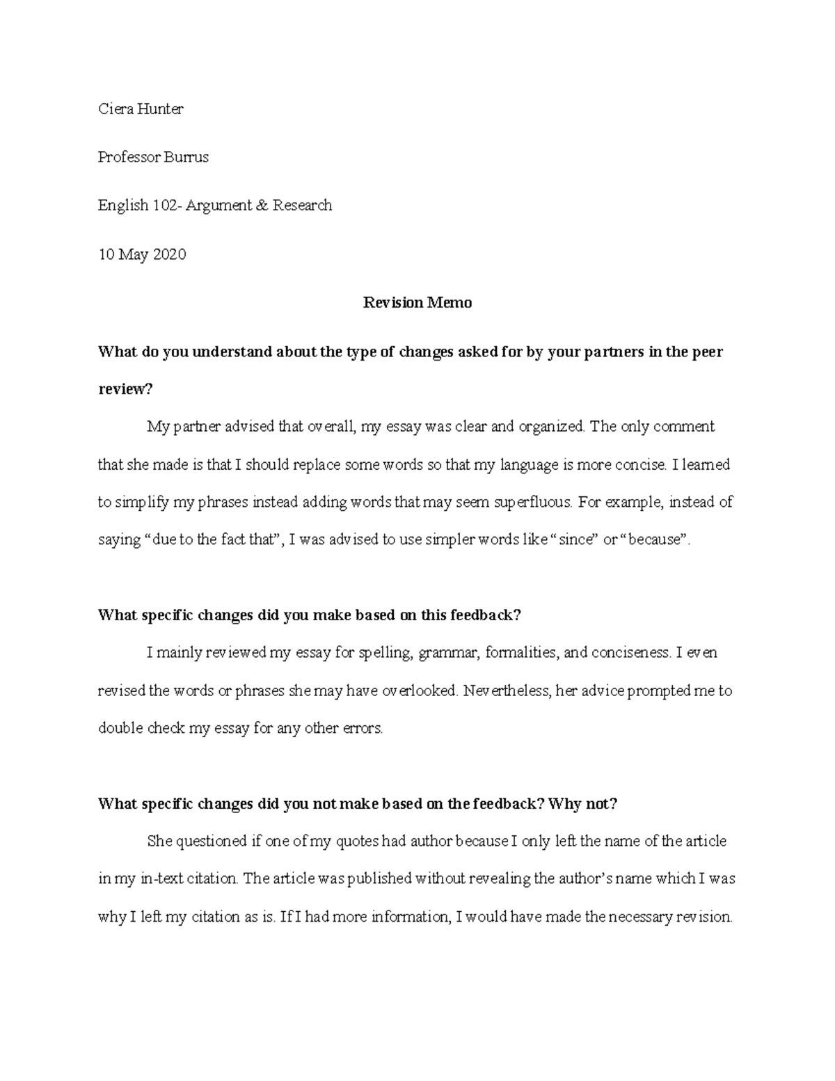 Revision Memo for Essay 3 - Ciera Hunter Professor Burrus English 102 ...