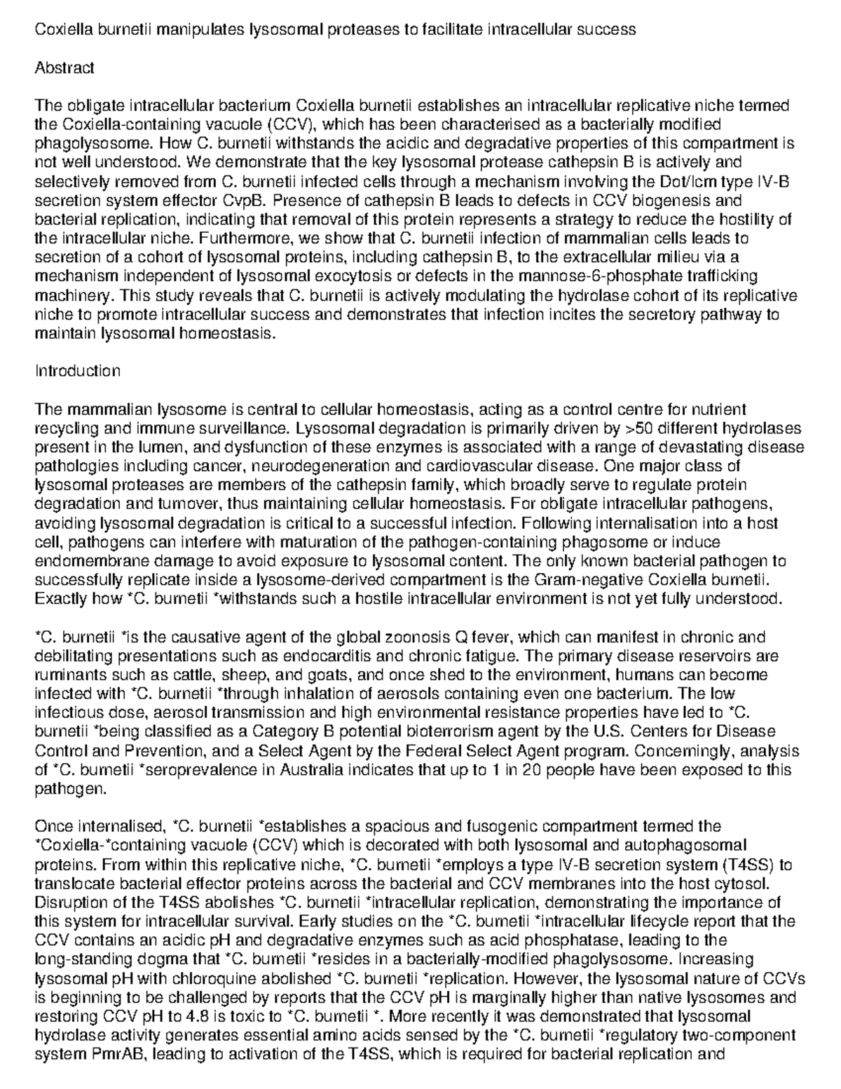 Coxiella burnetii manipulates lysosomal proteases to facilitate ...