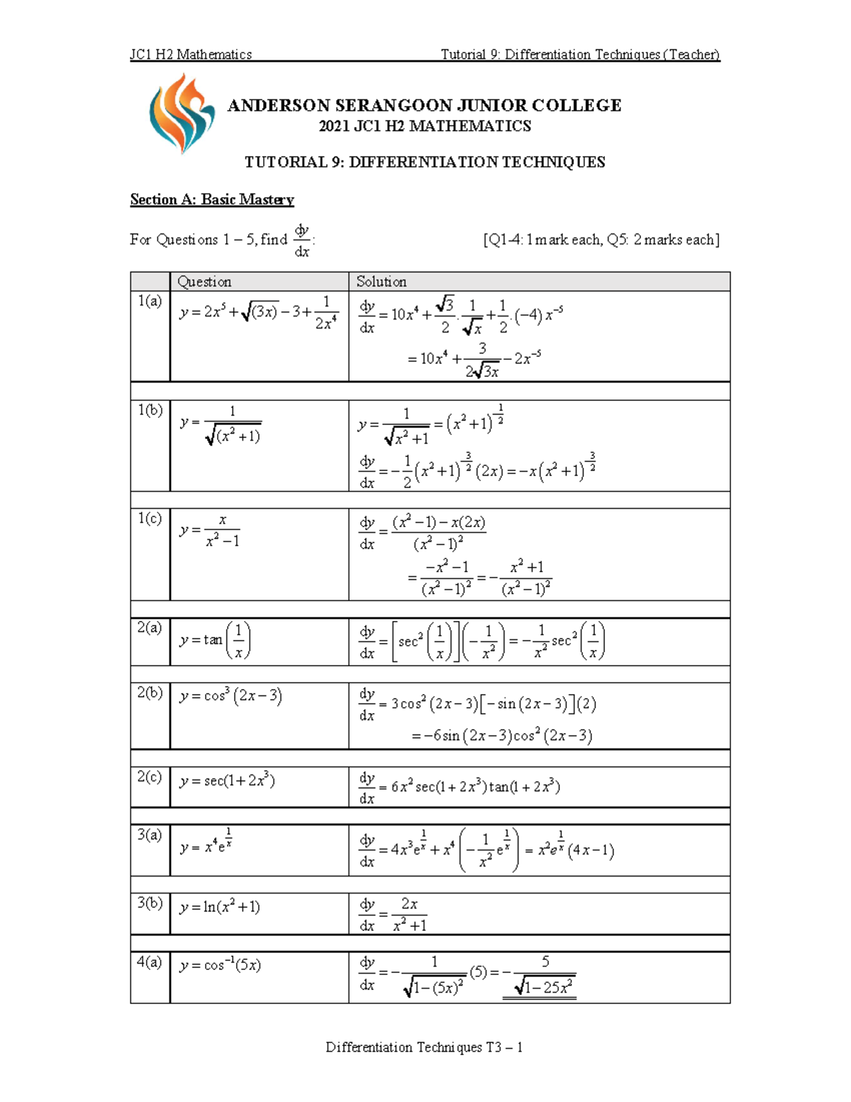 2021 T09 Differentiation Techniques Sol (Section A, C and D) - 1021 - TP - Studocu