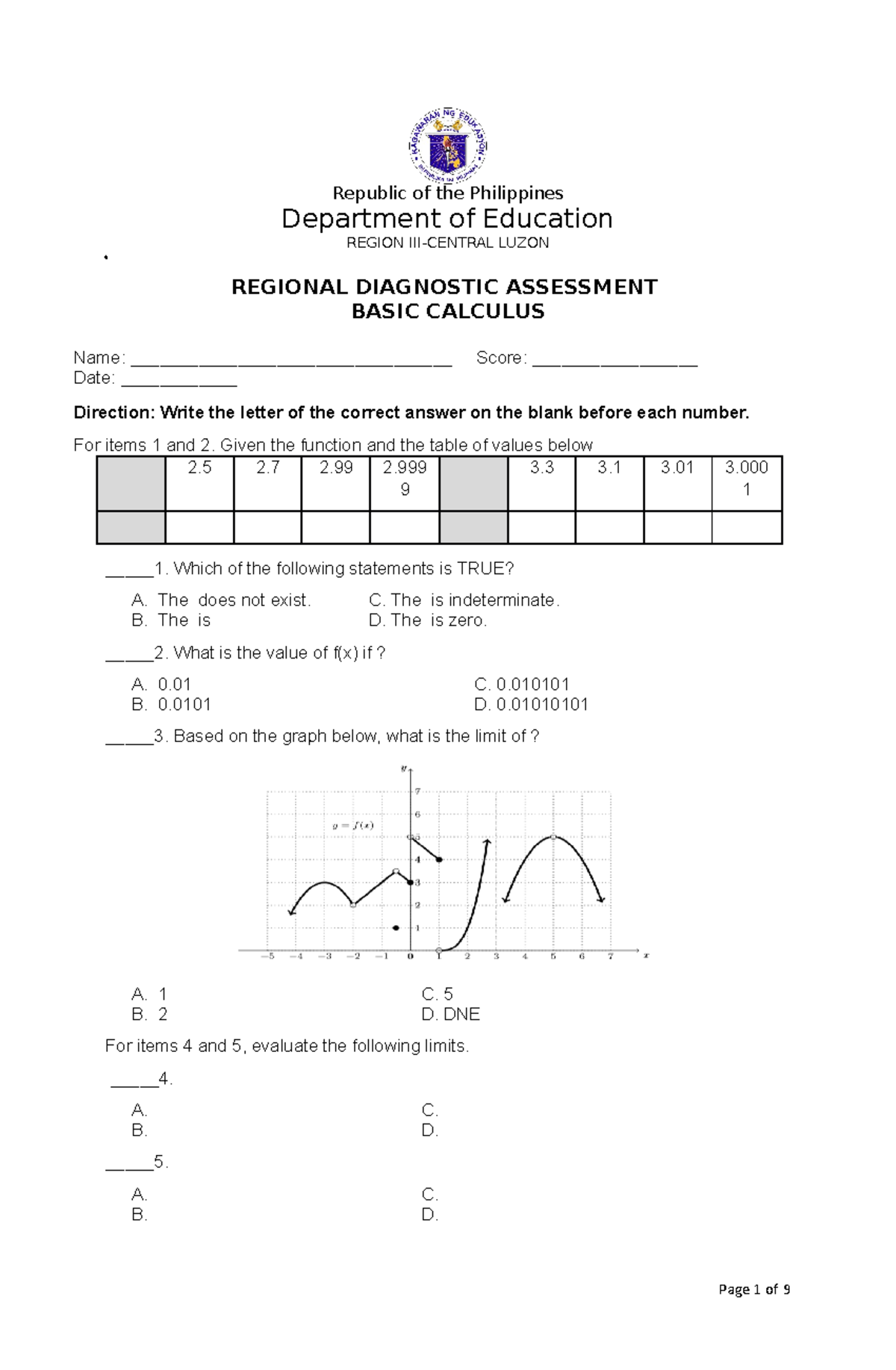 Regional Diagnostic Assessment Basic calculus - Republic of the ...