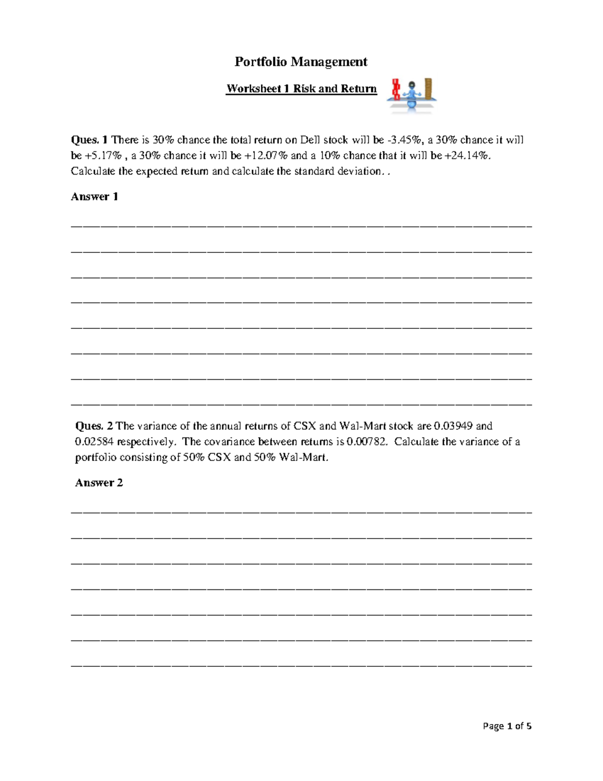 Worksheet 1_______ - Portfolio Management Worksheet 1 Risk and Return ...