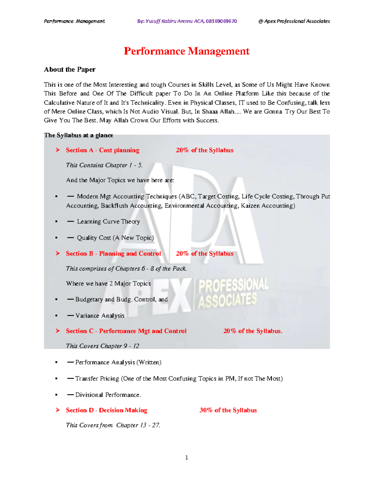 APEX PM note - FOR STUDENTS OF ACCOUNTING AND FINANCE - Performance ...