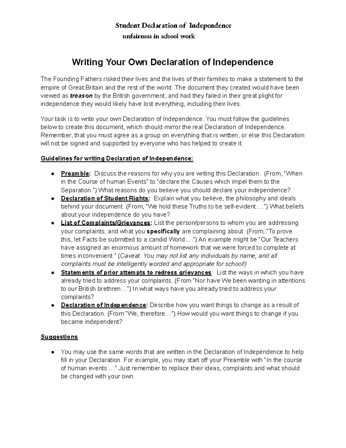 Decloration of Independence - Student Declaration of Independence ...
