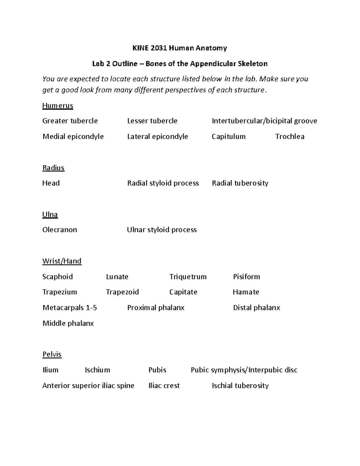 Lab 2 Outline - Appendicular Skeleton - KINE 2031 Human Anatomy Lab 2 ...