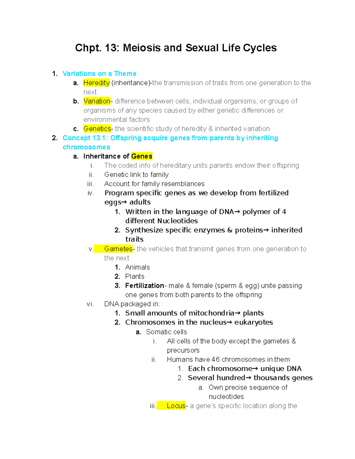 BIO 115 chpt. 13 notes - Chpt. 13: Meiosis and Sexual Life Cycles 1 ...