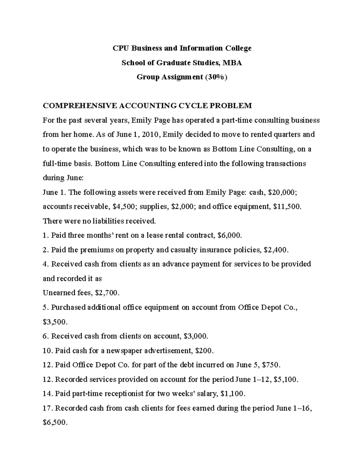 Assignment I comprehensive accounting cycle - CPU Business and ...