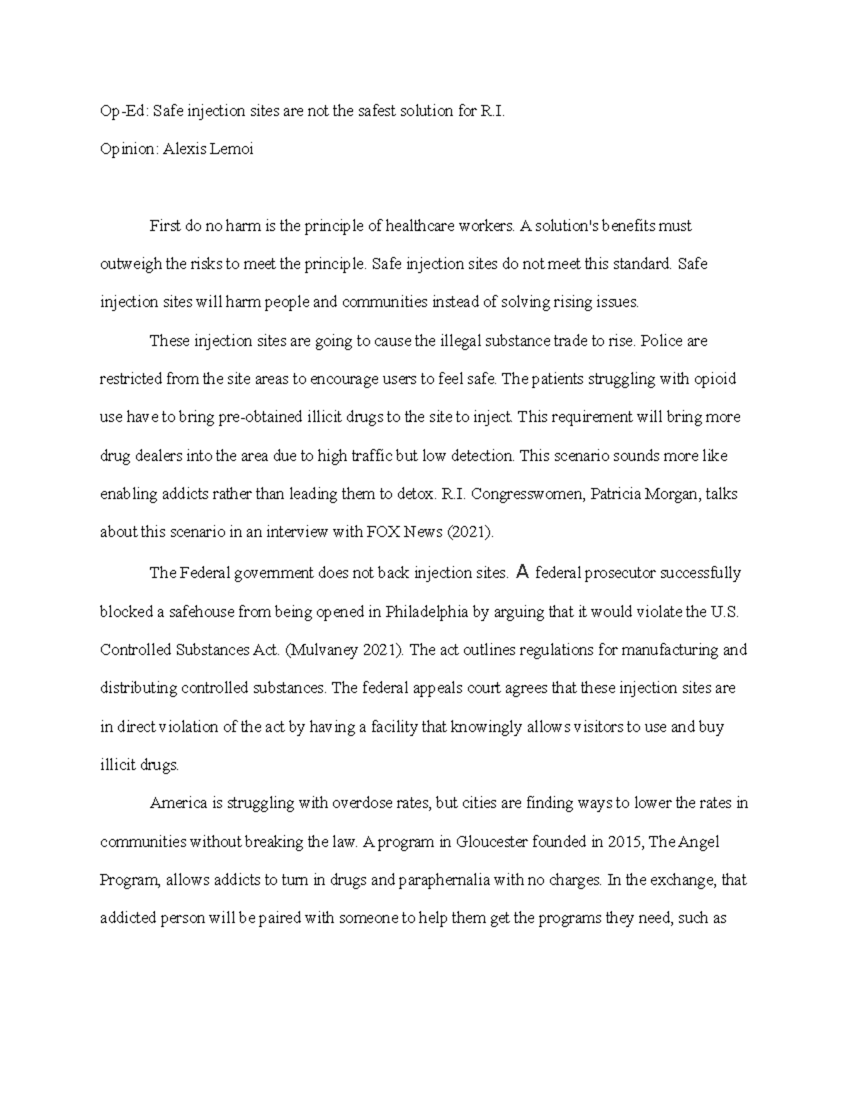 Op-Ed W2 - Essay on how safe injection sites are not the safest ...