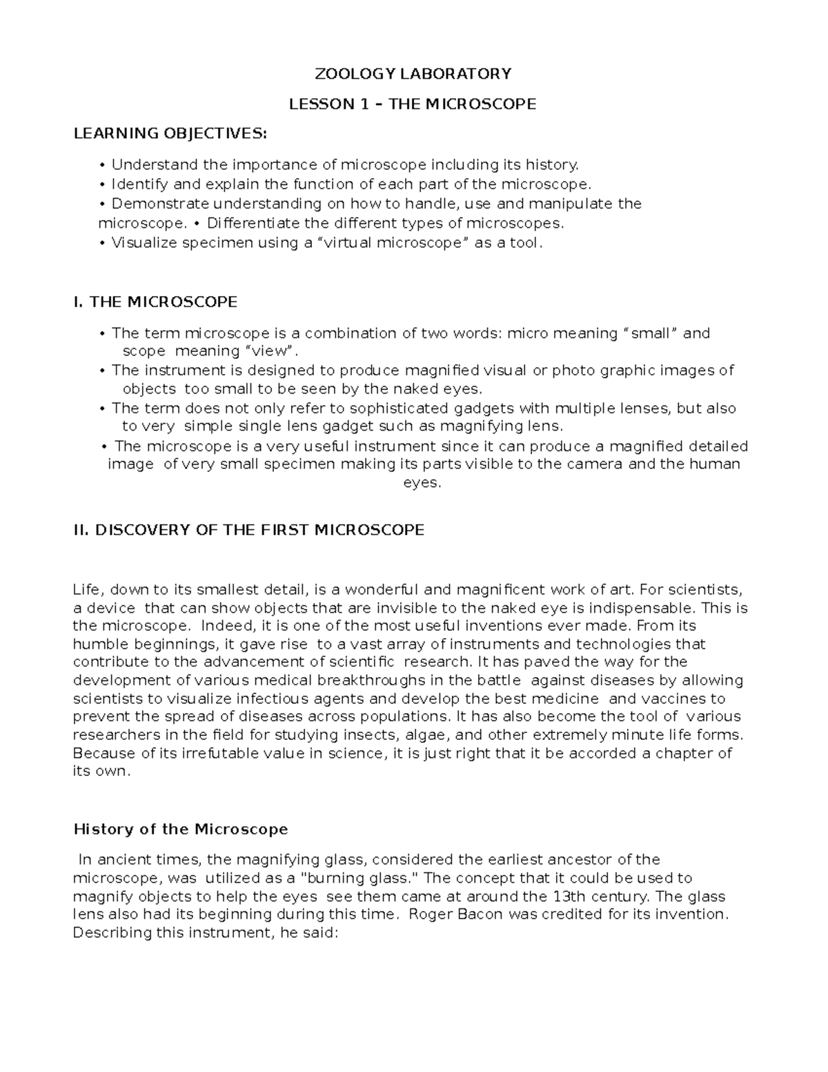 Lesson 1 - Microscope - Lecture notes 2 - ZOOLOGY LABORATORY LESSON 1 ...