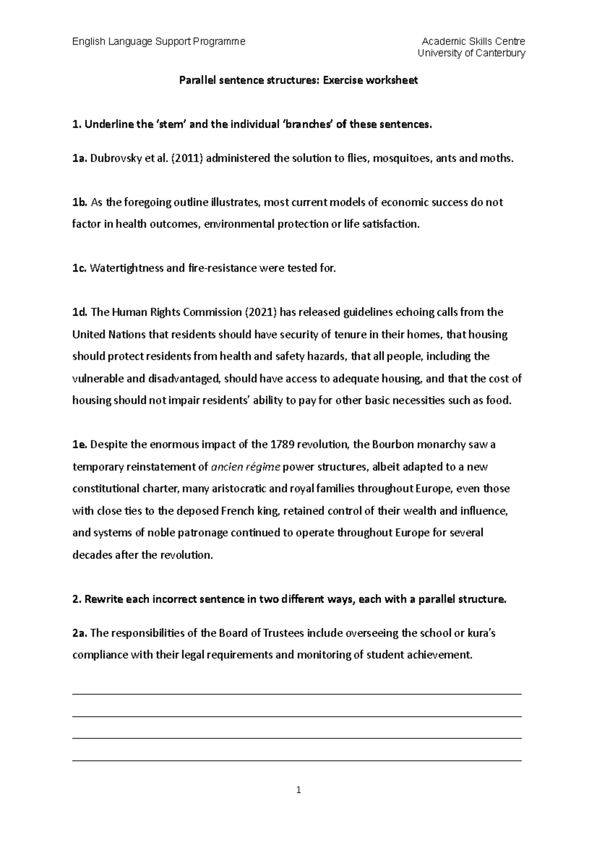 Parallel sentence structures exercise worksheet - University of ...