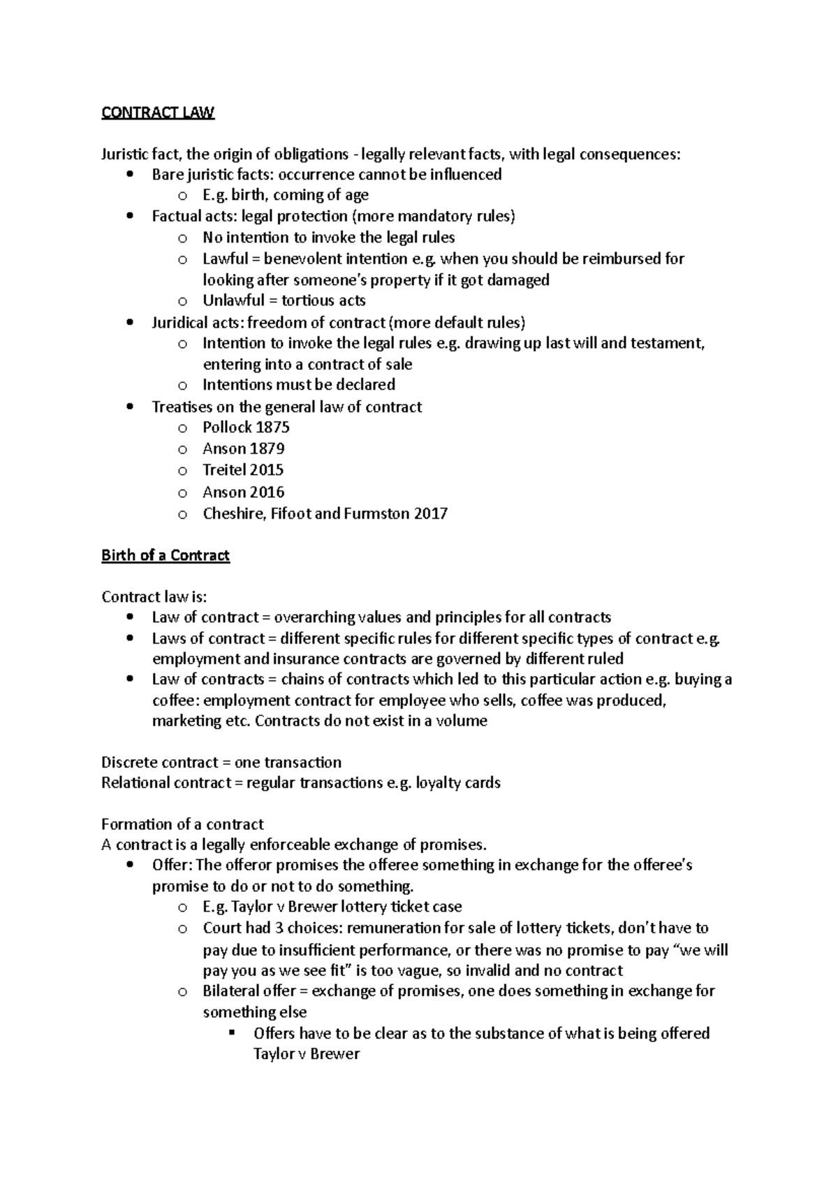 Contract LAW - Lecture notes 1-2 - CONTRACT LAW Juristic fact, the ...