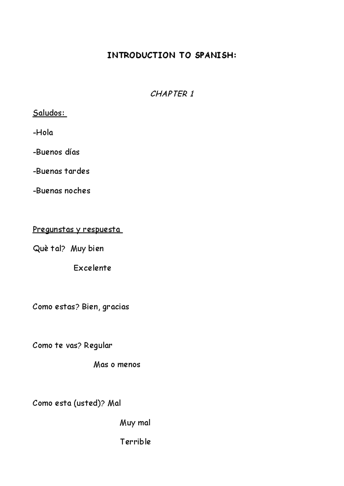 Introduction to Spanish- chapter 1 - INTRODUCTION TO SPANISH: CHAPTER 1 ...