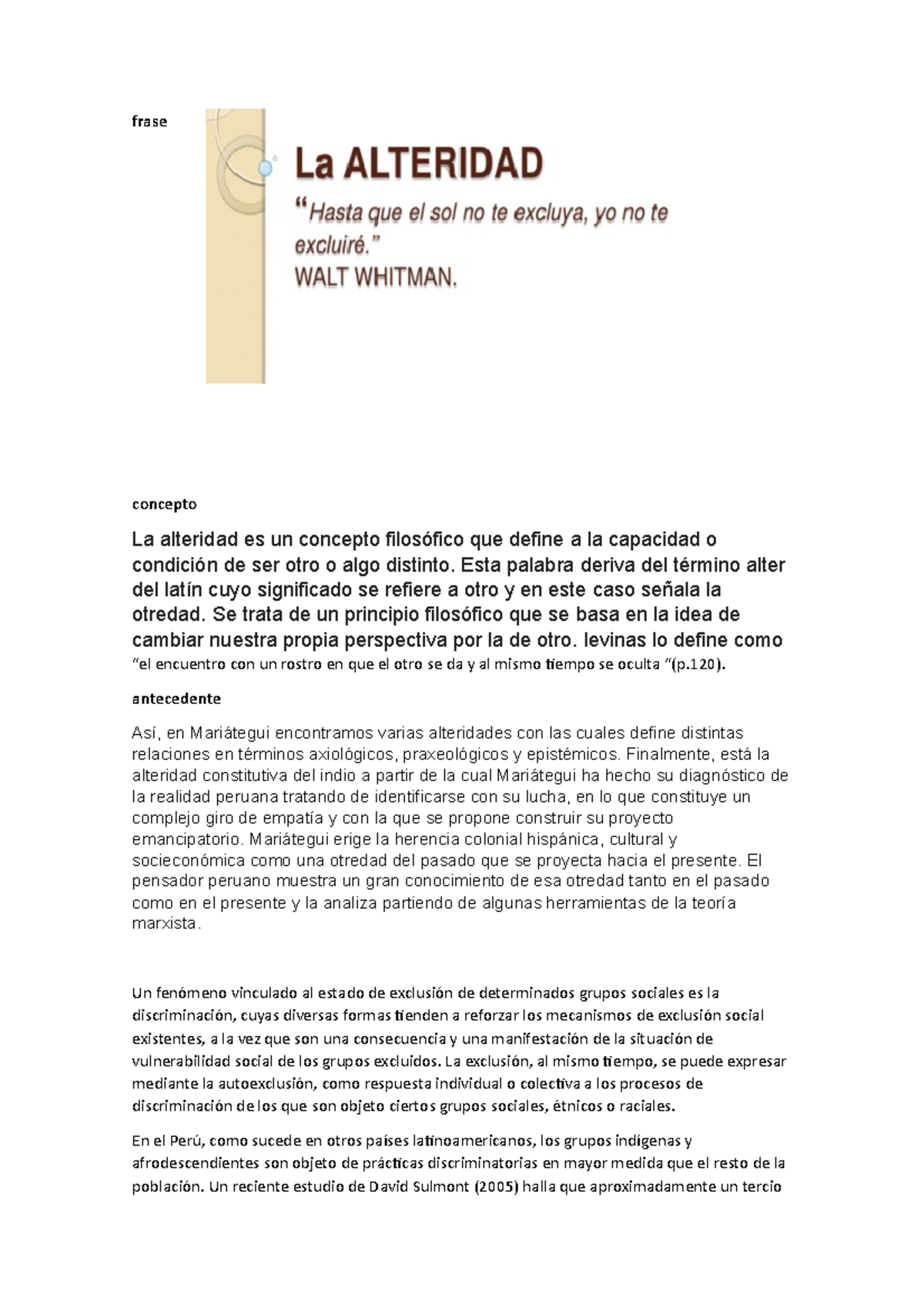 Alteridad en la vida diaria - Ciencias sociales - UNASAM - Studocu