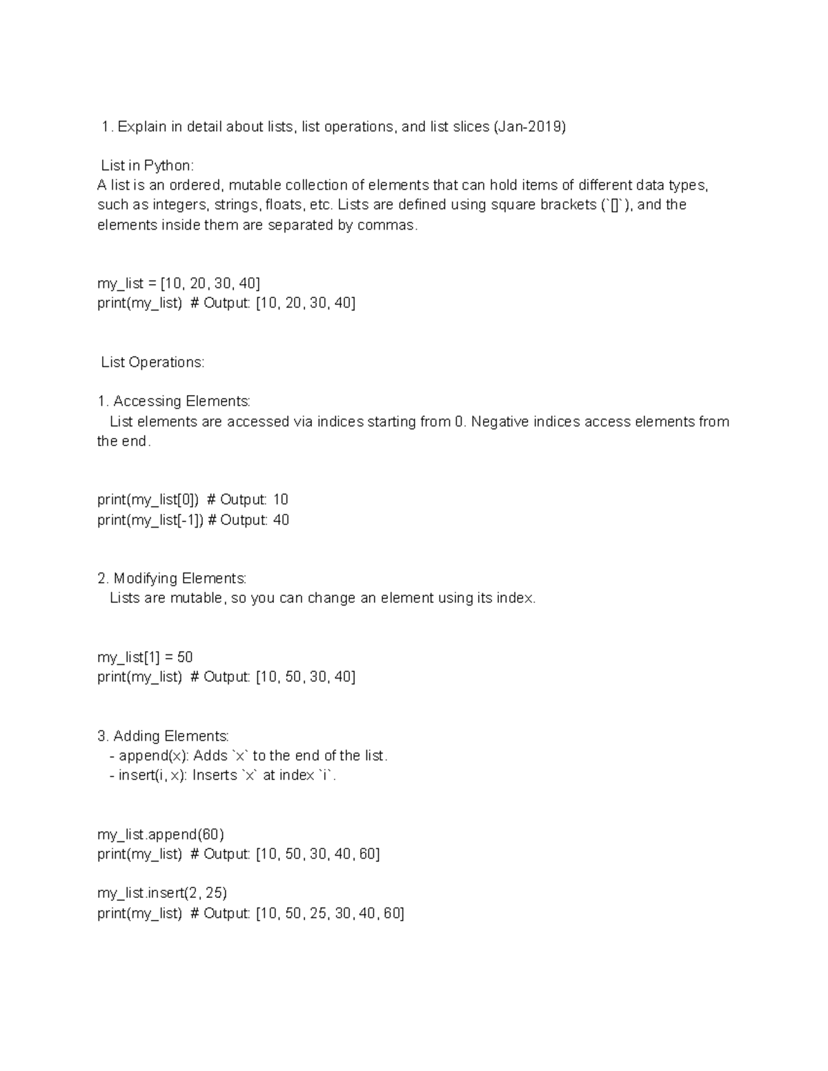 Unit 4 - qwer - Explain in detail about lists, list operations, and list slices (Jan-2019) List ...