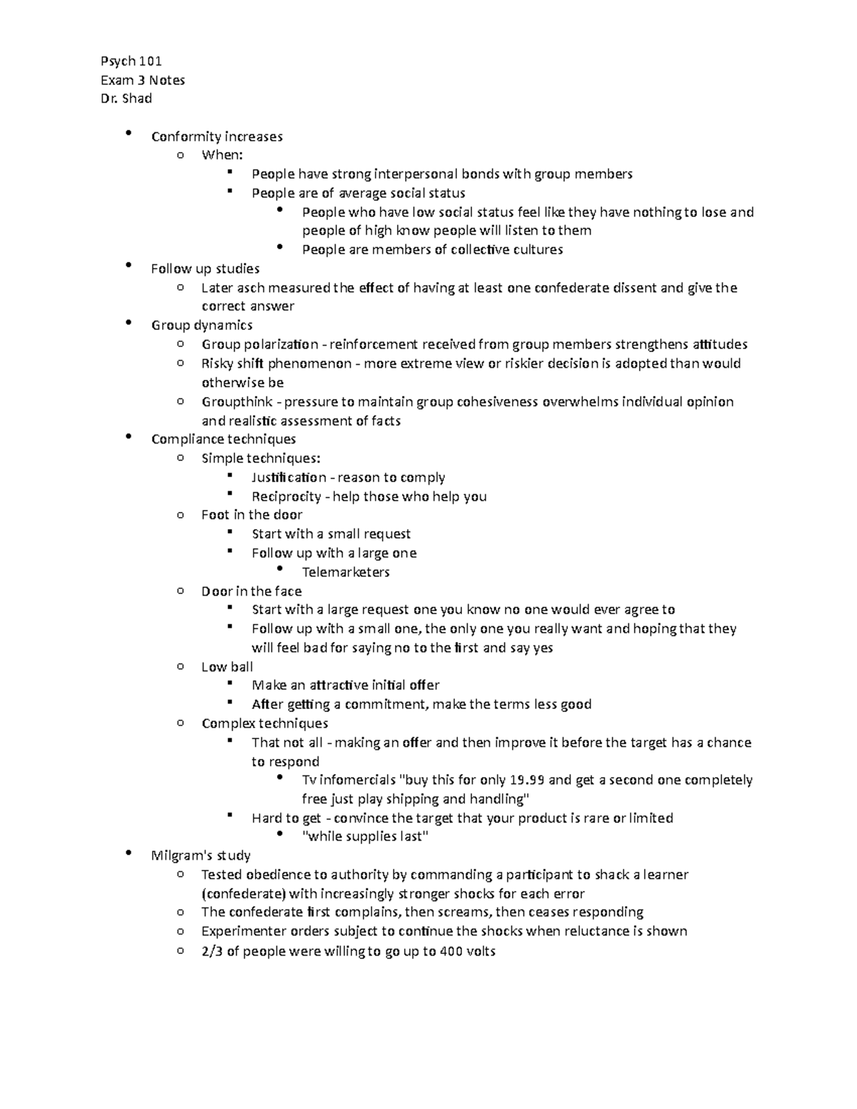 Psych Notes exam 3 - Psych 101 Exam 3 Notes Dr. Shad Conformity ...