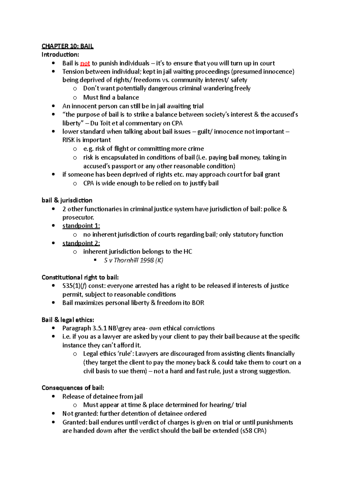 Criminal procedure 2 - CHAPTER 10: BAIL Introduction: Bail is not to punish individuals to ...
