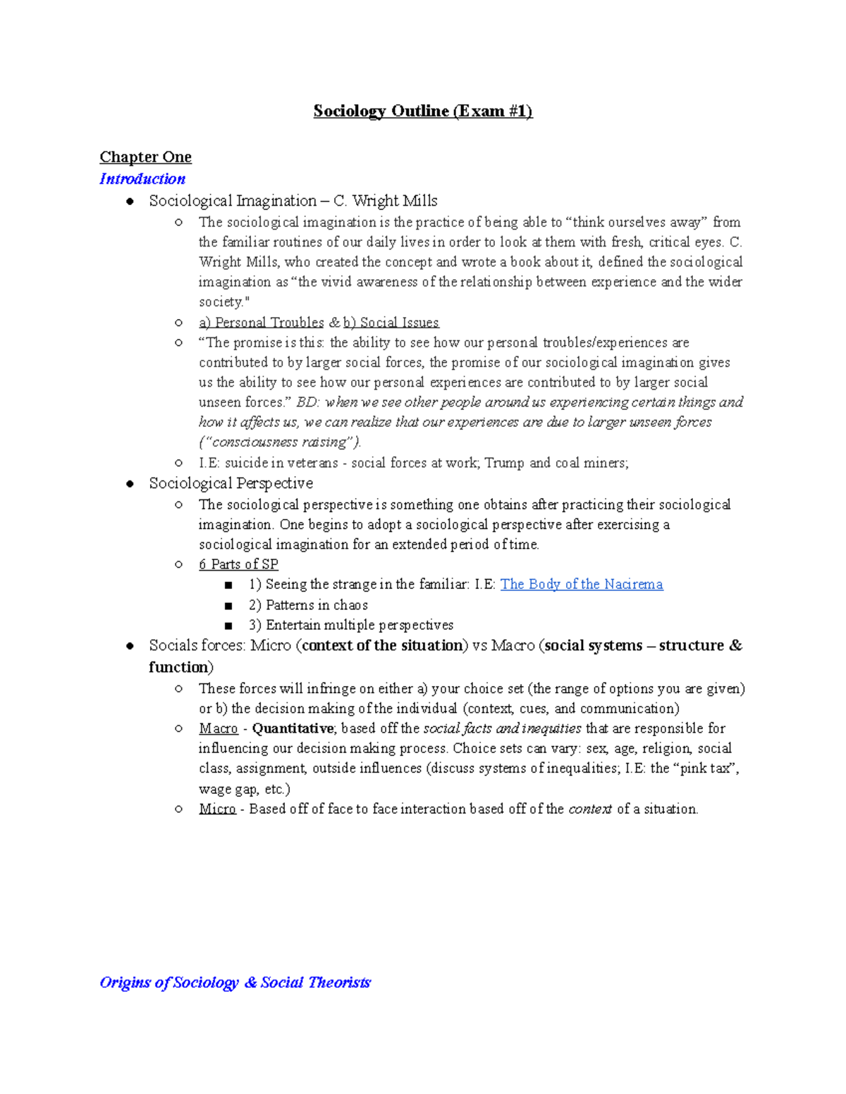 Sociology Outline #1 - Lecture notes 1-10 - Sociology Outline (Exam ...