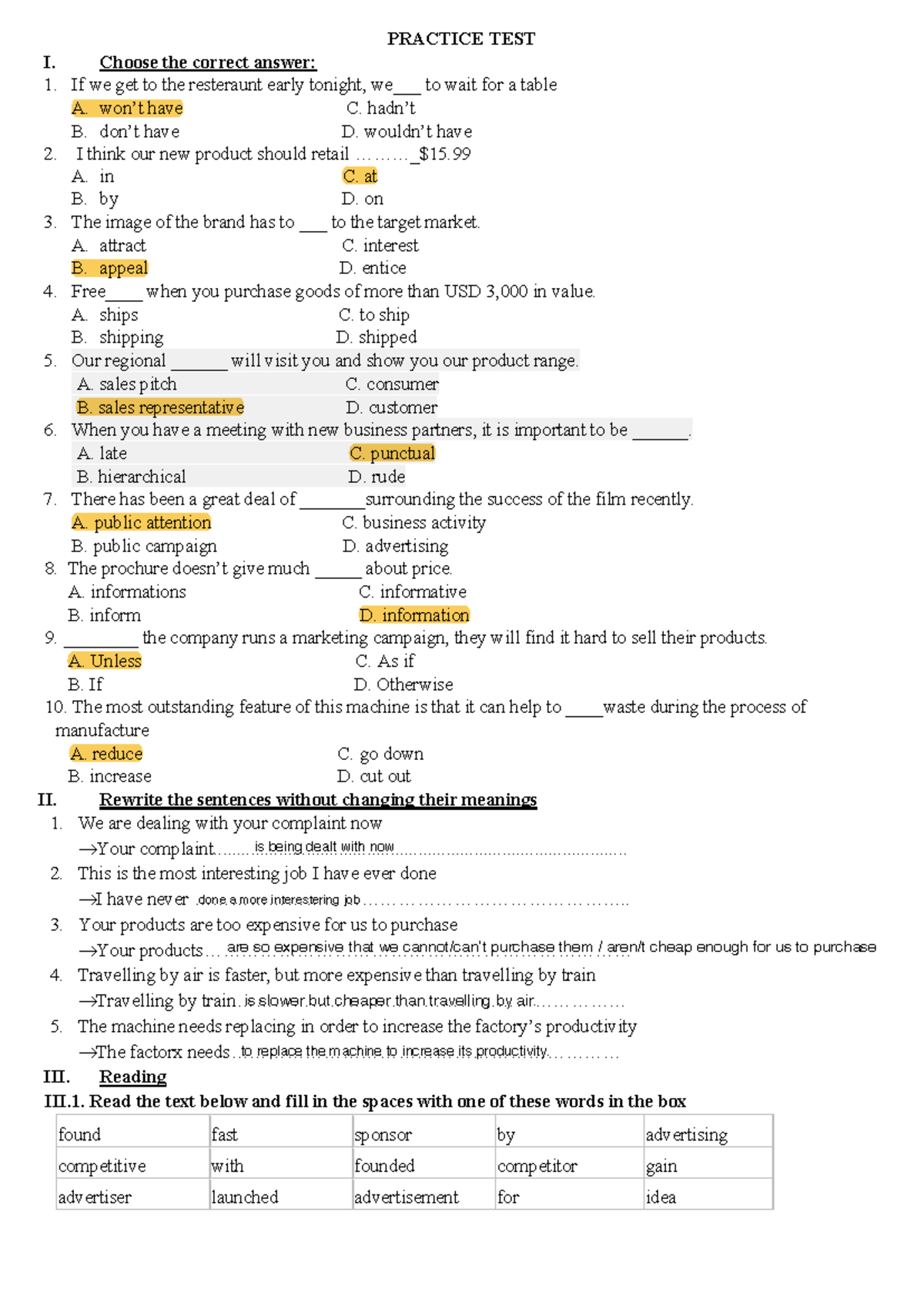 Practice TEST - đề luyện tac2 có key - PRACTICE TEST I. Choose the ...